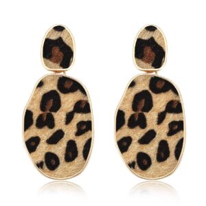 leopard print earrings lightweight geometric faux leather drop dangle earring statement animal print stud earring for women (brown leopard)