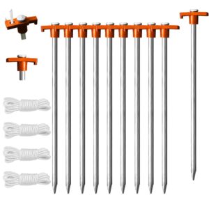 eurmax usa galvanized non-rust camping family tent pop up tent stakes canopy anchors heavy duty 10pc-pack, with 4x10ft ropes & 1 orange stopper