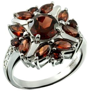 rb gems sterling silver 925 ring genuine gemstone 3 cts flower ring with rhodium-plated finish (11, garnet)