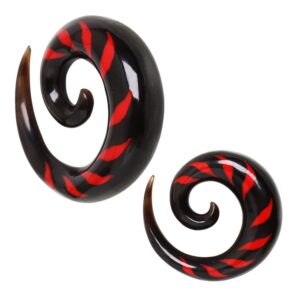 cocobul body jewelry pair of 6 gauge (4mm) organic buffalo horn spiral tapers with red stripes [f09-007]