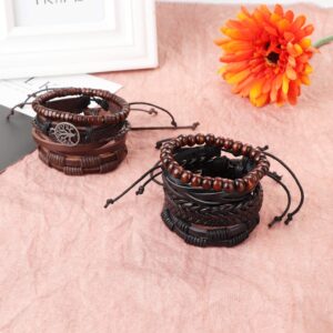 HANPABUM 18pcs Braided Leather Bracelets for Men Women Woven Cuff Wrap Bracelet Wood Beads Ethnic Tribal Bracelets Adjustable