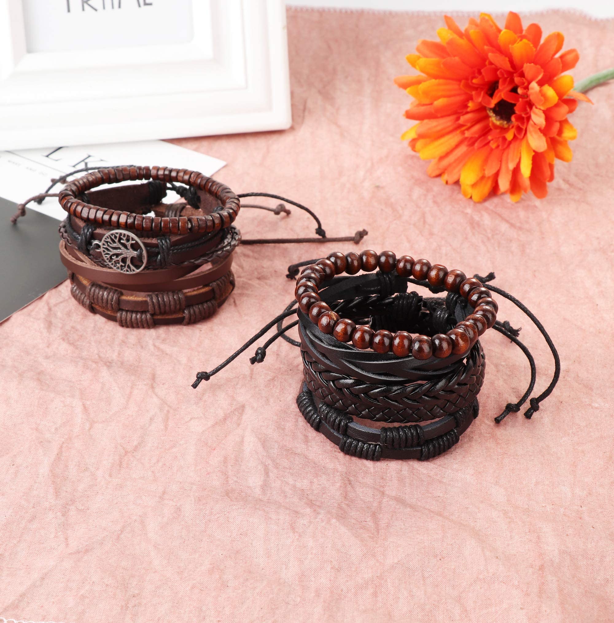 HANPABUM 18pcs Braided Leather Bracelets for Men Women Woven Cuff Wrap Bracelet Wood Beads Ethnic Tribal Bracelets Adjustable