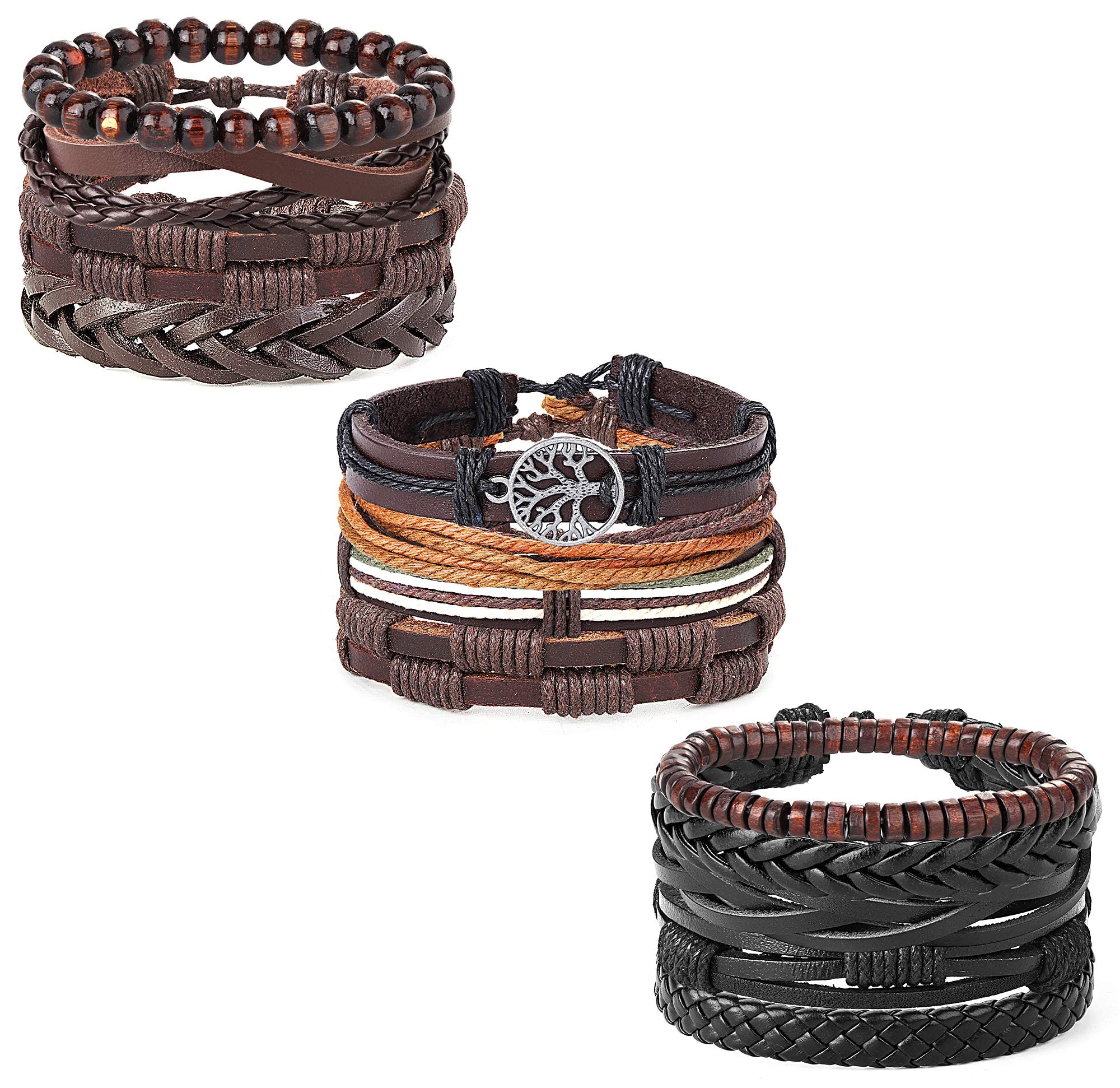 HANPABUM 18pcs Braided Leather Bracelets for Men Women Woven Cuff Wrap Bracelet Wood Beads Ethnic Tribal Bracelets Adjustable