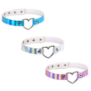 jurxy 3pcs heart choker necklace pu leather goth choker collar with heart punk fluorescence collar adjustable size – blue white pink