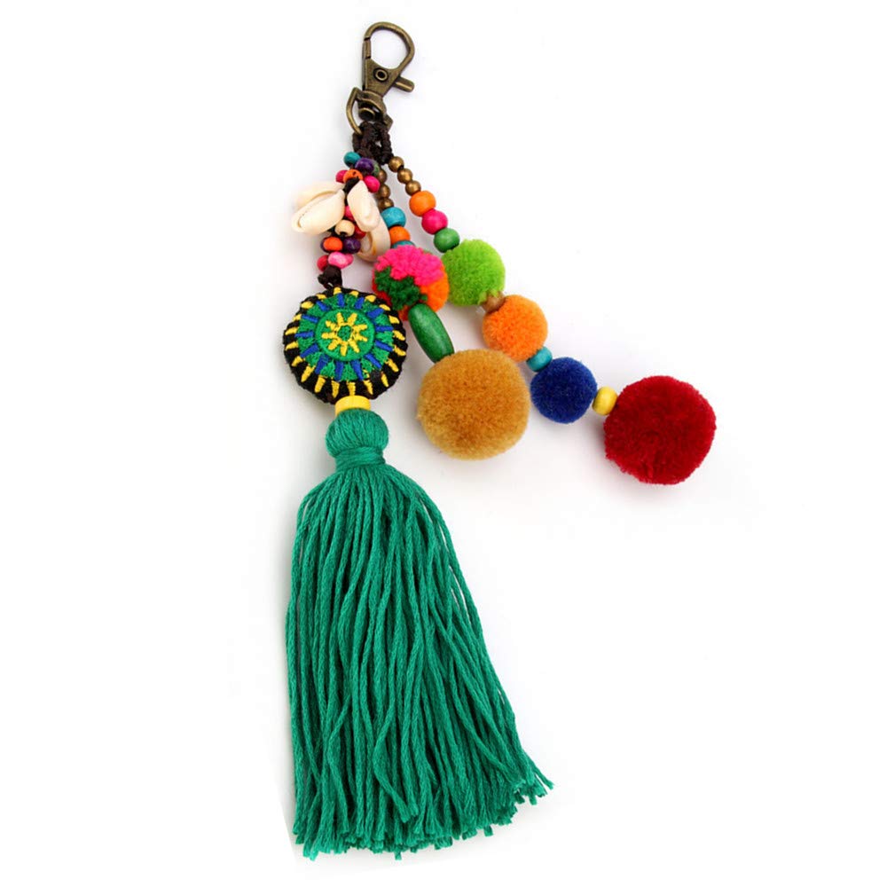 QTMY Pom Pom Shell Beads Tassel Bag Charm Pendant Boho Keyring Keychain for Women Purse Handbag Decor (Green)