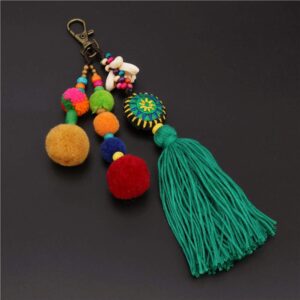 QTMY Pom Pom Shell Beads Tassel Bag Charm Pendant Boho Keyring Keychain for Women Purse Handbag Decor (Green)