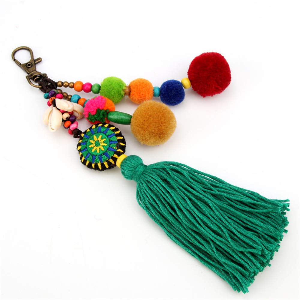 QTMY Pom Pom Shell Beads Tassel Bag Charm Pendant Boho Keyring Keychain for Women Purse Handbag Decor (Green)