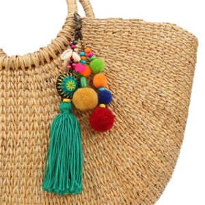 QTMY Pom Pom Shell Beads Tassel Bag Charm Pendant Boho Keyring Keychain for Women Purse Handbag Decor (Green)