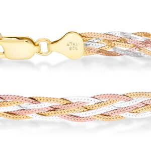 Miabella Tri-Color 18K Gold Over 925 Sterling Silver Italian 6-Strand 7mm Braided Herringbone Chain Bracelet for Women, Made in Italy (Length 6.5 Inches)