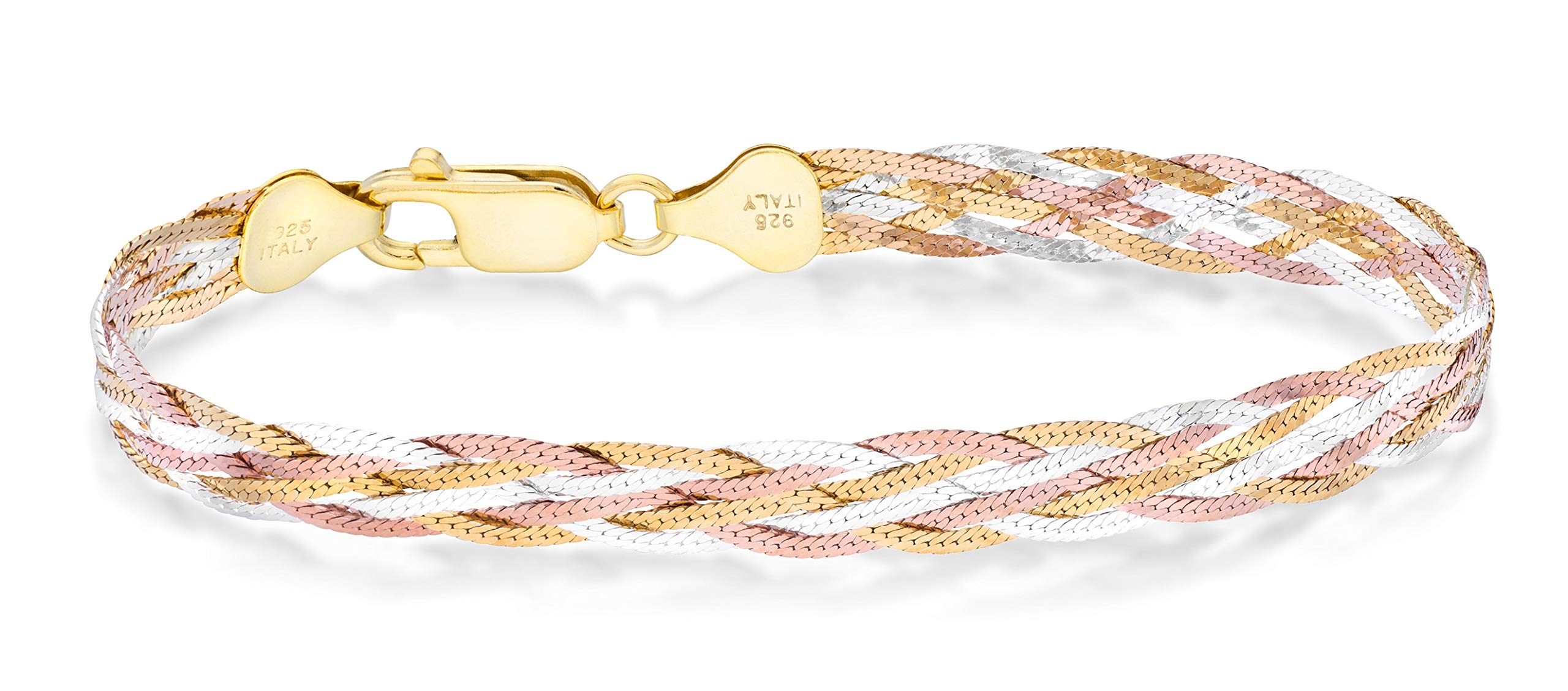 Miabella Tri-Color 18K Gold Over 925 Sterling Silver Italian 6-Strand 7mm Braided Herringbone Chain Bracelet for Women, Made in Italy (Length 6.5 Inches)