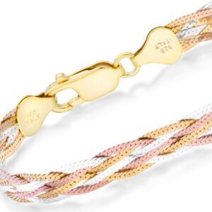 Miabella Tri-Color 18K Gold Over 925 Sterling Silver Italian 6-Strand 7mm Braided Herringbone Chain Bracelet for Women, Made in Italy (Length 6.5 Inches)