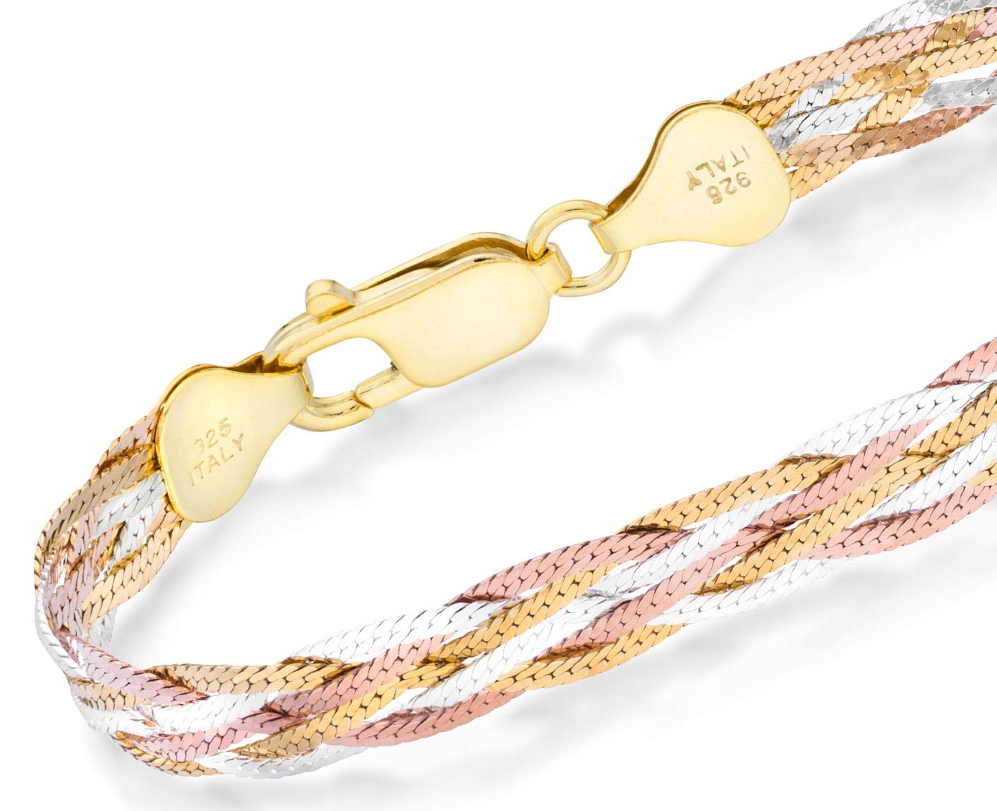 Miabella Tri-Color 18K Gold Over 925 Sterling Silver Italian 6-Strand 7mm Braided Herringbone Chain Bracelet for Women, Made in Italy (Length 6.5 Inches)