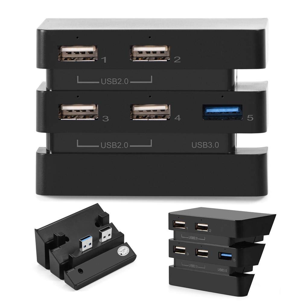 Bewinner 5-Port USB Hub, 5 Port USB Hub for PlayStation 4 Pro Console, 1 USB 3.0 and 4 USB 2.0 Port,Unique LED Indicators - Black