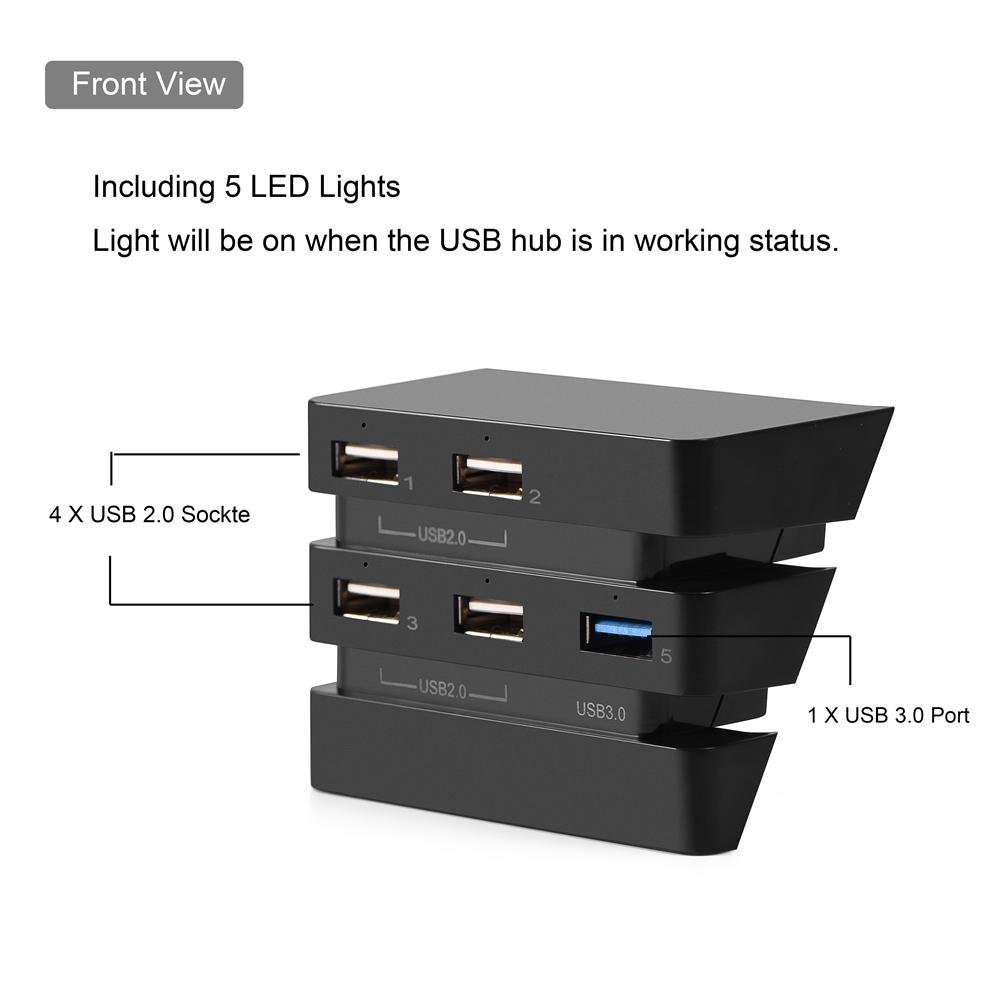 Bewinner 5-Port USB Hub, 5 Port USB Hub for PlayStation 4 Pro Console, 1 USB 3.0 and 4 USB 2.0 Port,Unique LED Indicators - Black