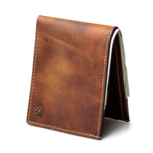 main street forge bifold leather wallet for men | made in usa | mens bifold wallets | american made | tobacco snakebite brown