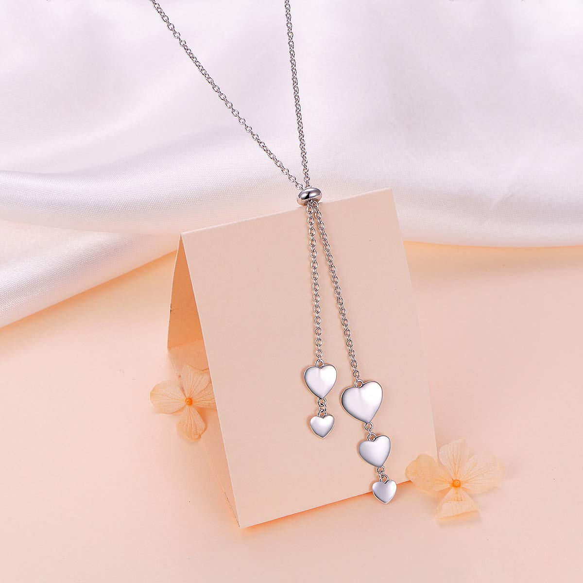 YinShan Long Chain Dainty Necklace Simple Style 925 Sterling Silver Pendant Adjustable Y Shaped Back Necklace Jewelry (multiple heart)