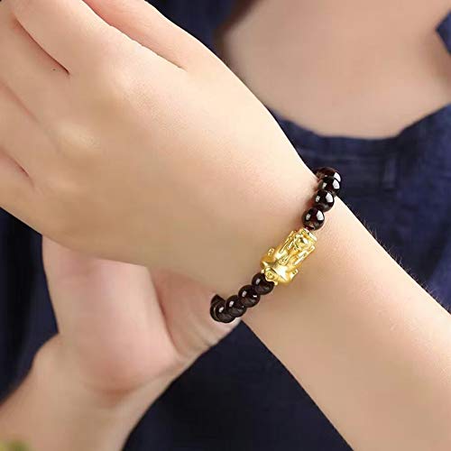 MANRUO Feng Shui The Best Prosperity Red Bead Garnet Bracelet with One Golden Pi Xiu/Pi Yao Lucky Wealthy Amulet Brecelet Jewelry