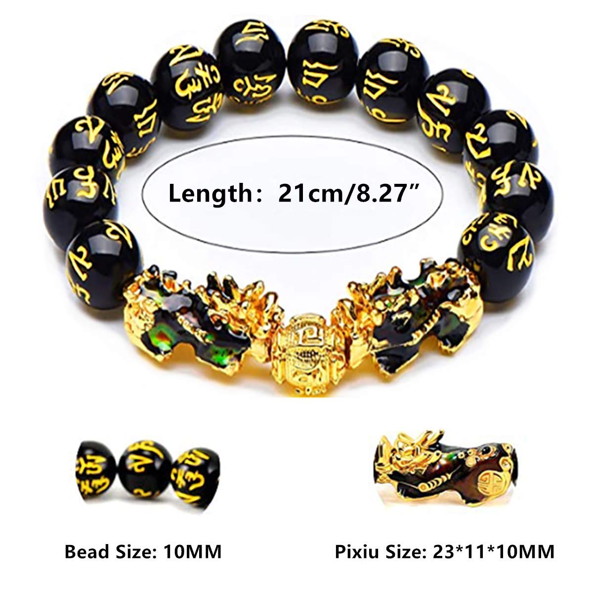 MANRUO Feng Shui Black Obsidian Wealth Bracelet Color Changed Pi Xiu Bracelets Dragon Mantra Bead Bangle Attract Wealth and Good Luck for Men/Women(10mm)