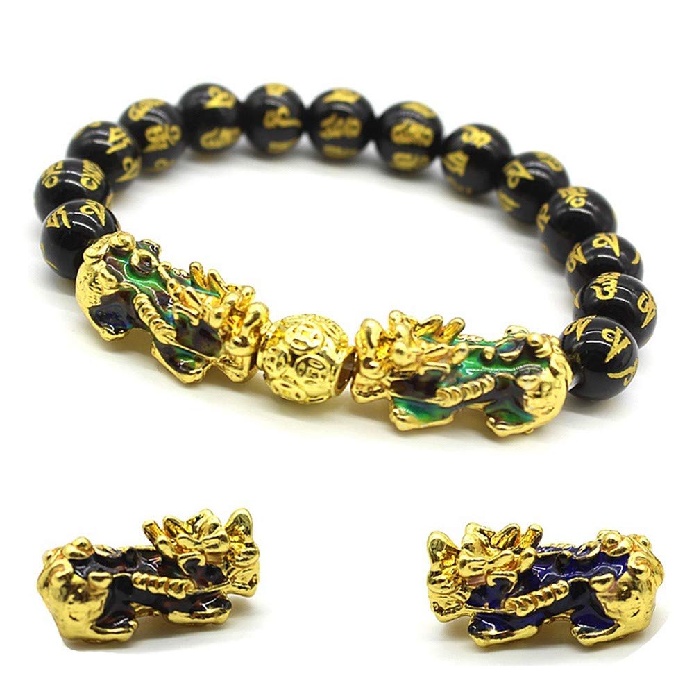 MANRUO Feng Shui Black Obsidian Wealth Bracelet Color Changed Pi Xiu Bracelets Dragon Mantra Bead Bangle Attract Wealth and Good Luck for Men/Women(10mm)