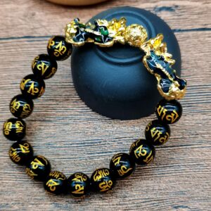 MANRUO Feng Shui Black Obsidian Wealth Bracelet Color Changed Pi Xiu Bracelets Dragon Mantra Bead Bangle Attract Wealth and Good Luck for Men/Women(10mm)