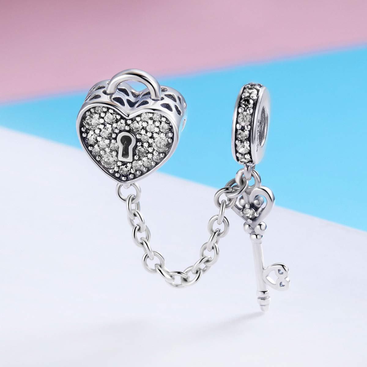 WOSTU 925 Sterling Silver Charms for Bracelets Key Love Heart Cubic Zirconia Bead Charm for Women