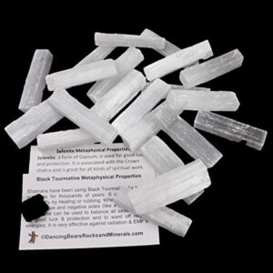 dancing bear selenite sticks wands bulk (17-20 pcs) 1.5-2 inch l x .25-.5" w each, bonus: free black tourmaline & id card, reiki, chakra, healing, protection grids, good luck, positive energy, brand