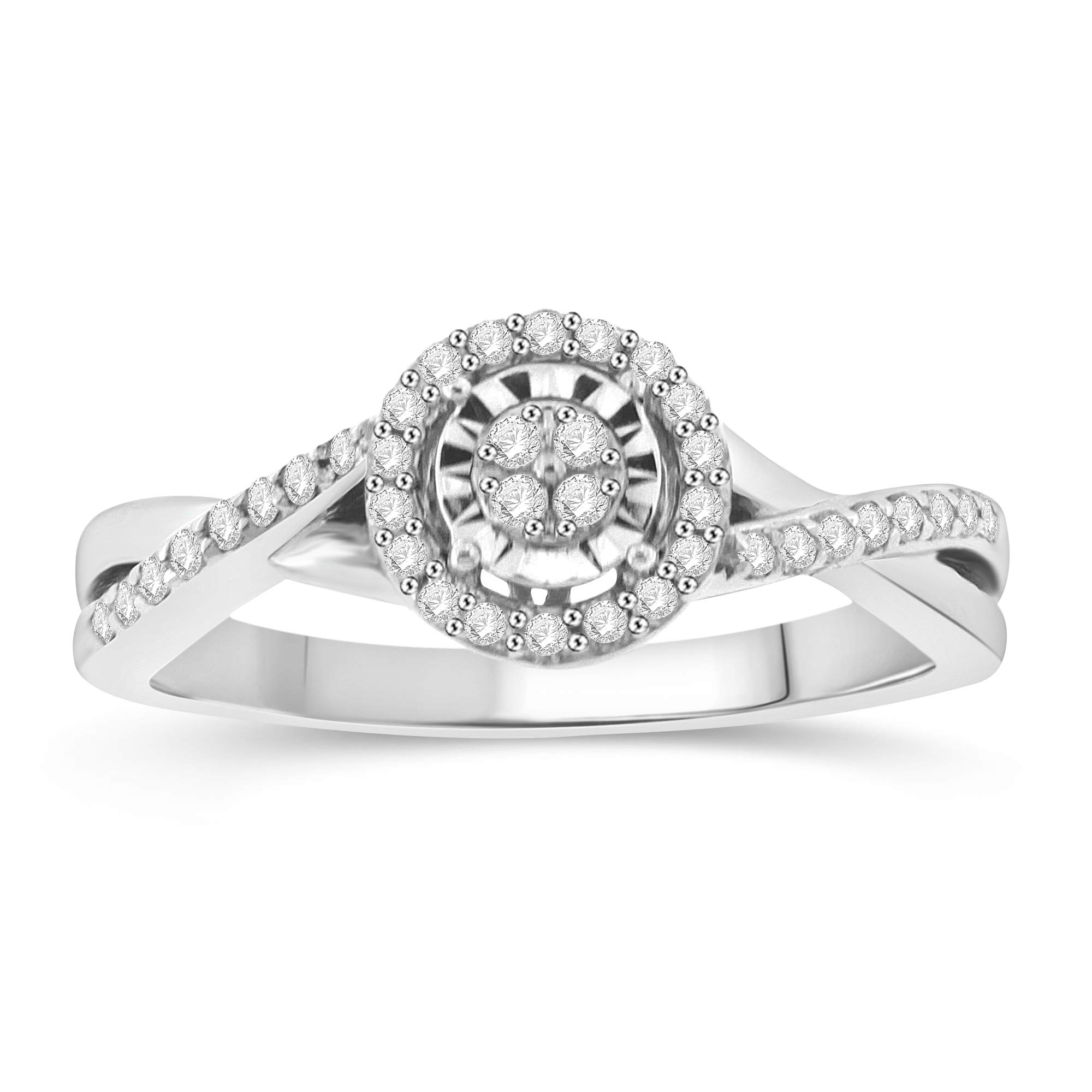 NATALIA DRAKE 1/4 Cttw Diamond Twist Round Halo Promise Ring for Women in Rhodium Plated 925 Sterling Silver Size 8 Color H-I/Clarity I1-I2