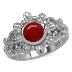 silvershake 6mm created round shape red coral 925 sterling silver flower solitaire ring size 8