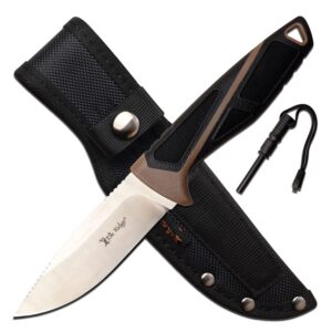 elk ridge - outdoors fixed blade knife - satin finish stainless steel blade, black/brown nylon fiber handle w/rubber - nylon sheath, fire starter - hunting, camping, survival - er-200-23br