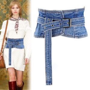 shengweiao Women's Denim Peplum Waist Cinch Belt Wide Corset Belts (Blue, 24"-27.5")