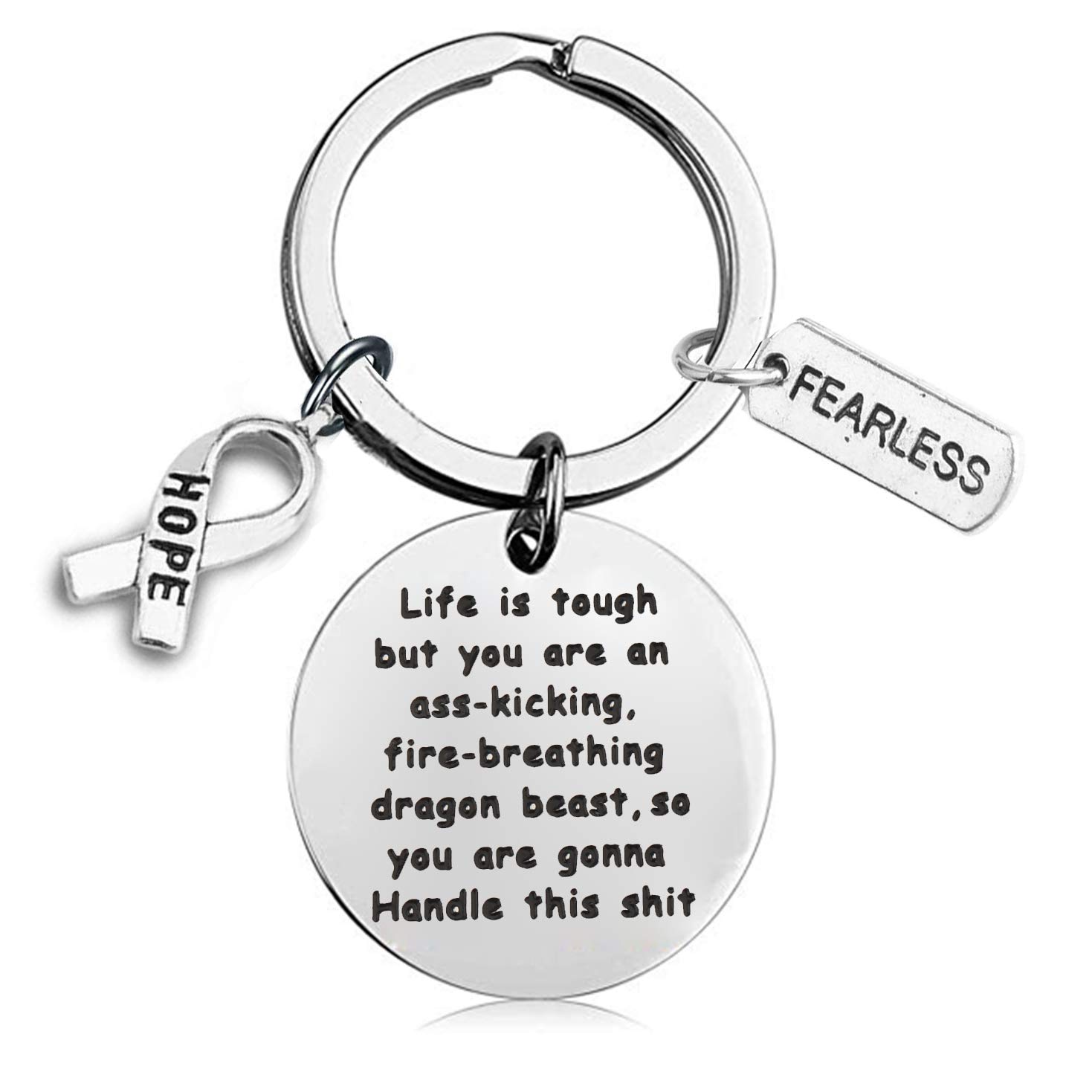 BEKECH Cancer Fighter Gift Awareness Ribbon Charm Cancer Survivor Keychain Life Is Tough But You Are Gonna Handle This Shit Keychain Survivor Recovery Jewelry Cancer Awareness Gifts (Silver)