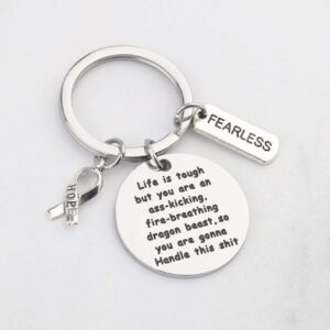 BEKECH Cancer Fighter Gift Awareness Ribbon Charm Cancer Survivor Keychain Life Is Tough But You Are Gonna Handle This Shit Keychain Survivor Recovery Jewelry Cancer Awareness Gifts (Silver)