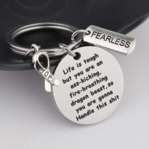 BEKECH Cancer Fighter Gift Awareness Ribbon Charm Cancer Survivor Keychain Life Is Tough But You Are Gonna Handle This Shit Keychain Survivor Recovery Jewelry Cancer Awareness Gifts (Silver)