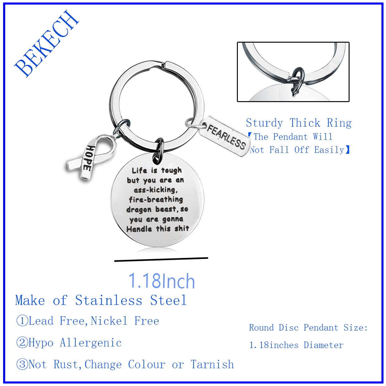 BEKECH Cancer Fighter Gift Awareness Ribbon Charm Cancer Survivor Keychain Life Is Tough But You Are Gonna Handle This Shit Keychain Survivor Recovery Jewelry Cancer Awareness Gifts (Silver)