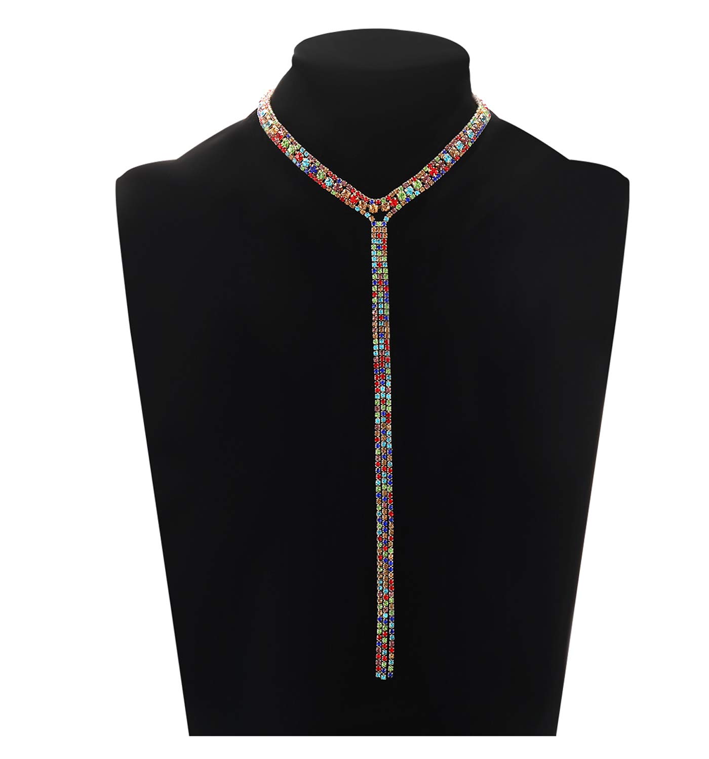 JERTOCLE 3 Row Rhinestone Choker Necklace Crystal Tassel Wide Collar Necklaces Gothic Diamond Charms for Women (rainbow color)