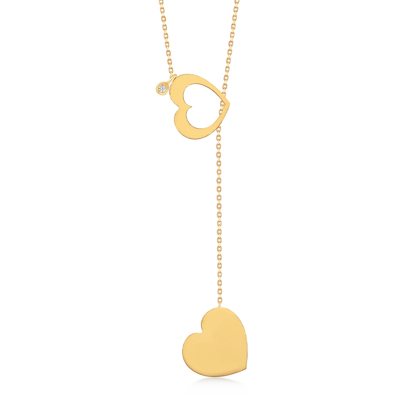 GELIN 14K Gold Two Heart Y Necklace with Diamond | 14k Solid Gold Lariat Necklace, 18"