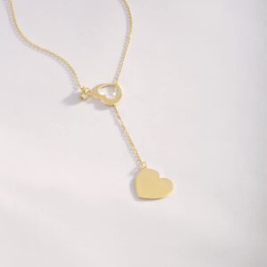 GELIN 14K Gold Two Heart Y Necklace with Diamond | 14k Solid Gold Lariat Necklace, 18"