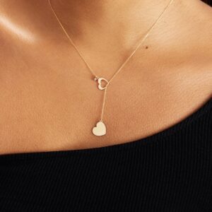 GELIN 14K Gold Two Heart Y Necklace with Diamond | 14k Solid Gold Lariat Necklace, 18"