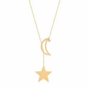 gelin star and moon y-necklace in 14k solid gold | 14k gold lariat y-necklace for women