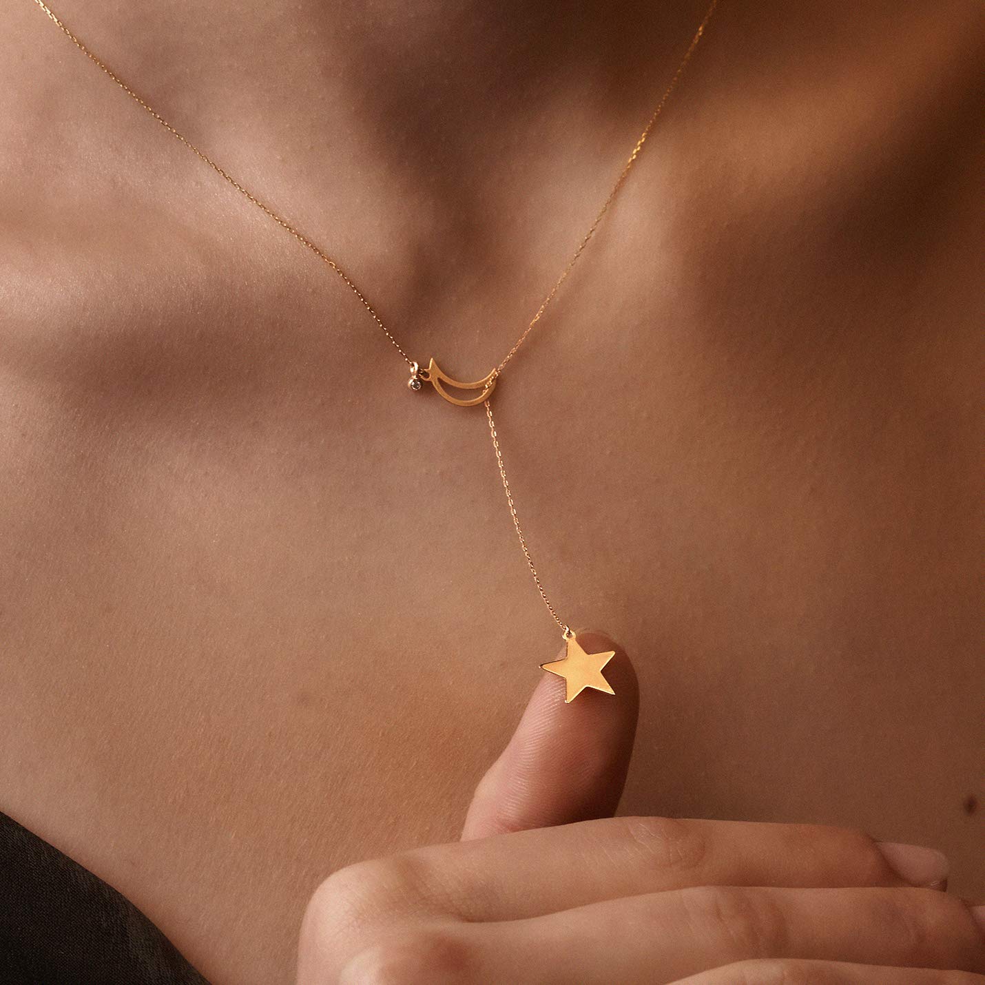 GELIN Star and Moon Y-Necklace in 14k Solid Gold | 14k Gold Lariat Y-Necklace for Women