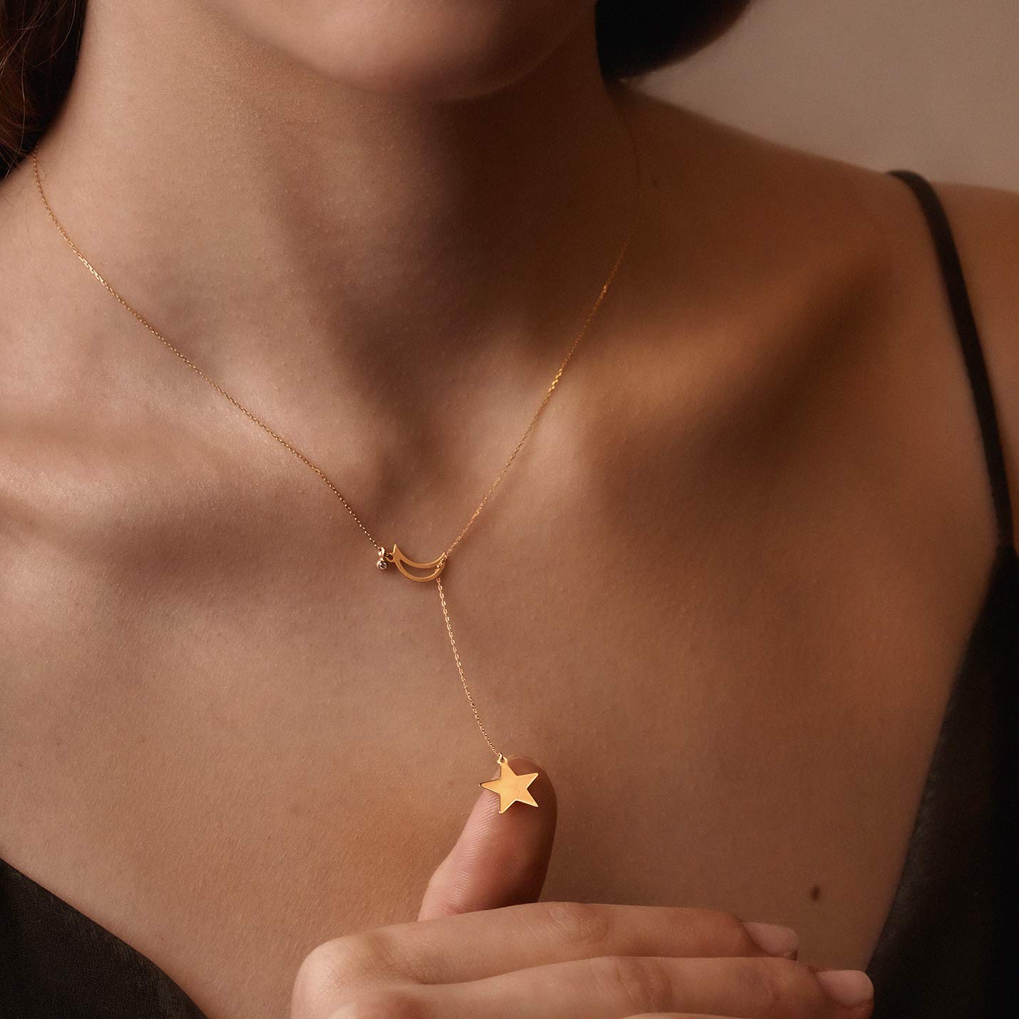 GELIN Star and Moon Y-Necklace in 14k Solid Gold | 14k Gold Lariat Y-Necklace for Women