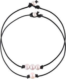 mausong 2 pieces single freshwater pearl necklace and 3 freshwater pearl beads choker on black leather cord for women