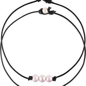 MauSong 2 Pieces Single Freshwater Pearl Necklace and 3 Freshwater Pearl Beads Choker on Black Leather Cord for Women