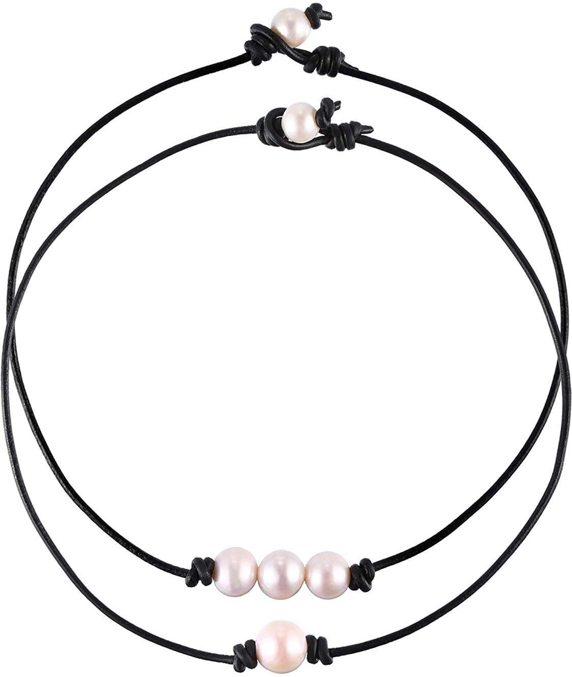 MauSong 2 Pieces Single Freshwater Pearl Necklace and 3 Freshwater Pearl Beads Choker on Black Leather Cord for Women