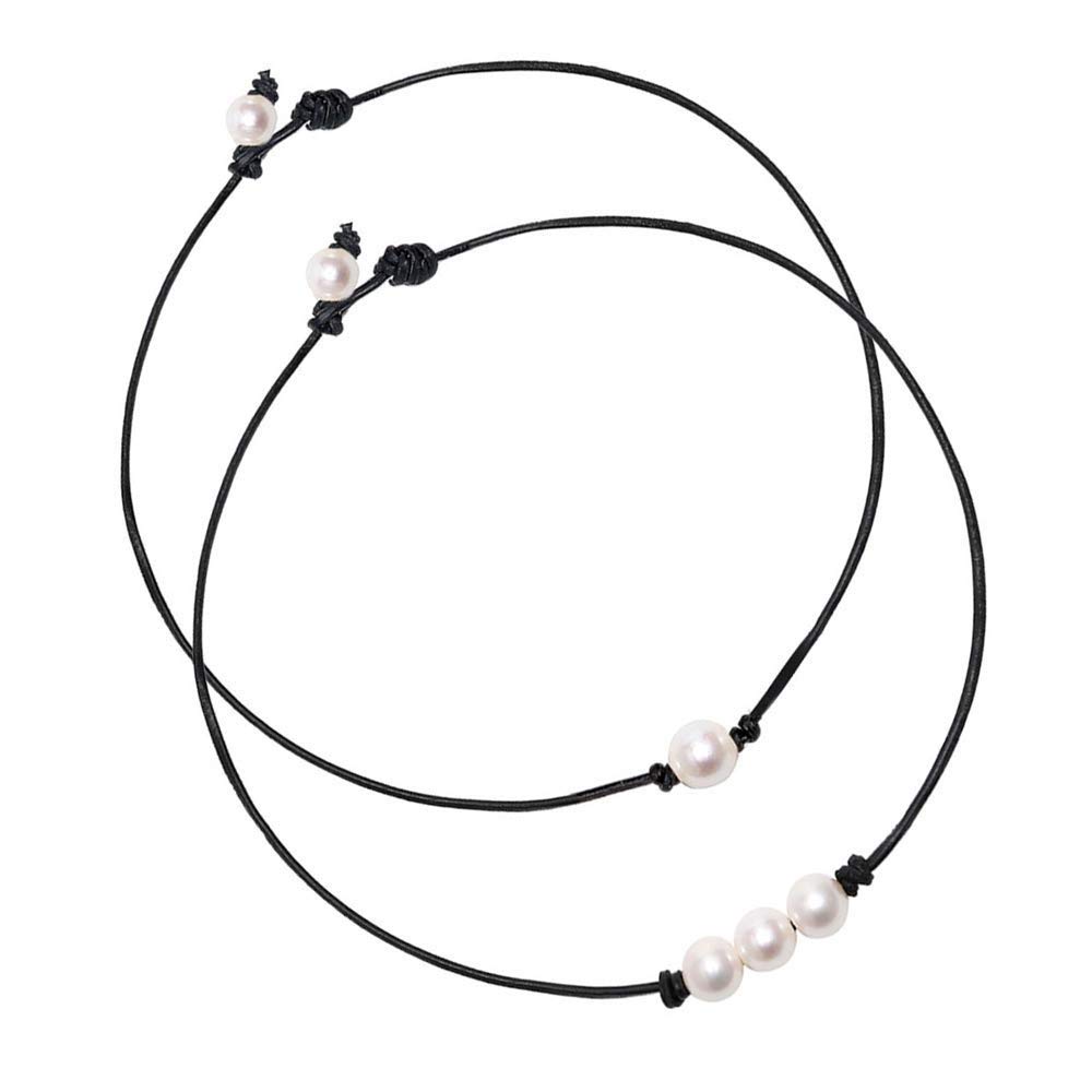 MauSong 2 Pieces Single Freshwater Pearl Necklace and 3 Freshwater Pearl Beads Choker on Black Leather Cord for Women