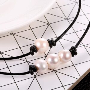 MauSong 2 Pieces Single Freshwater Pearl Necklace and 3 Freshwater Pearl Beads Choker on Black Leather Cord for Women