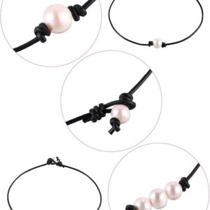 MauSong 2 Pieces Single Freshwater Pearl Necklace and 3 Freshwater Pearl Beads Choker on Black Leather Cord for Women