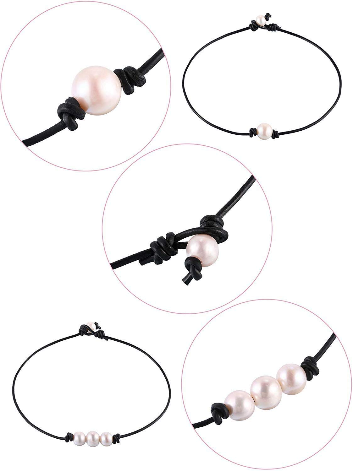 MauSong 2 Pieces Single Freshwater Pearl Necklace and 3 Freshwater Pearl Beads Choker on Black Leather Cord for Women