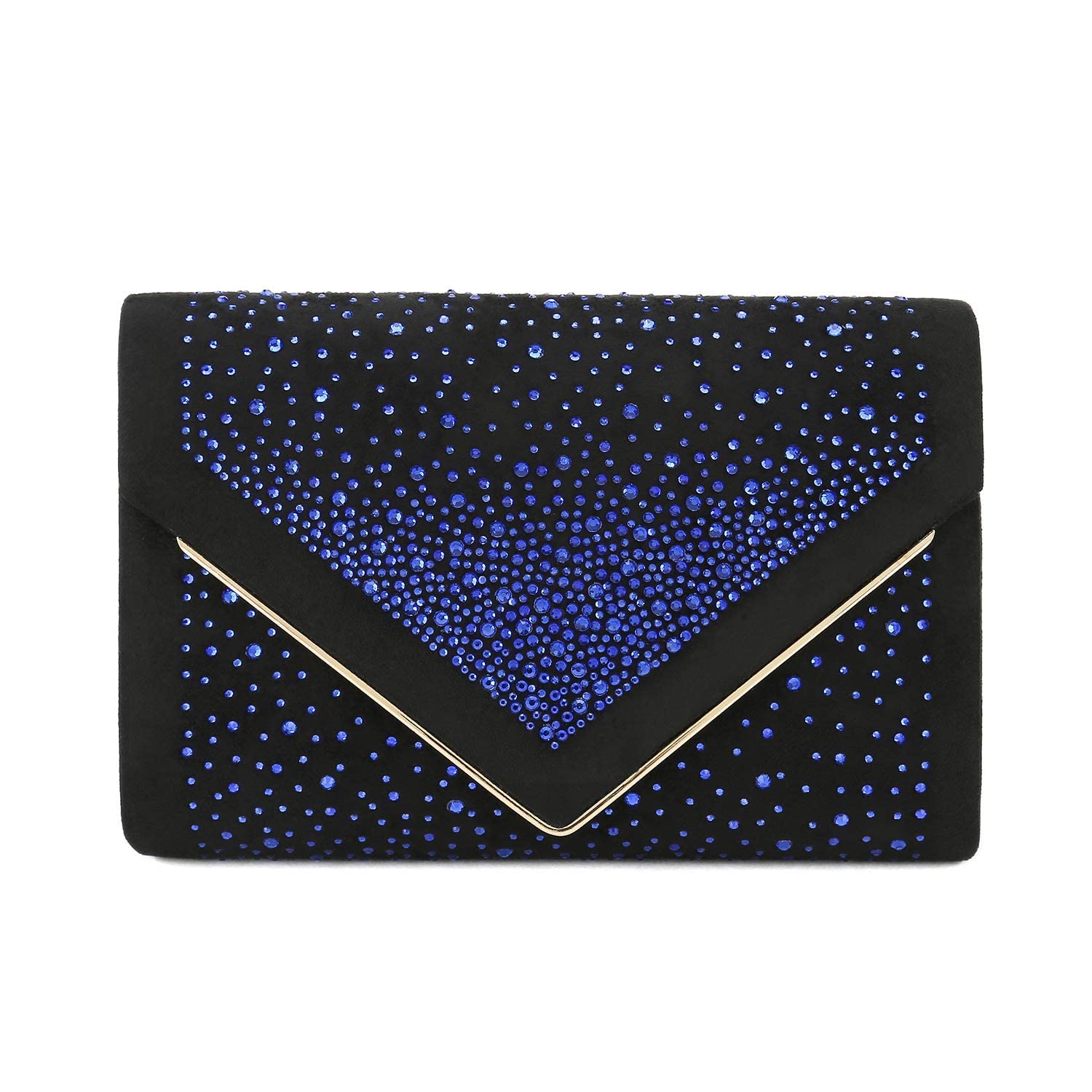 CHARMING TAILOR Envelope Purse Formal Faux Suede Clutch Rhinestone Evening Bag for Women Party Handbag (Black/blue)