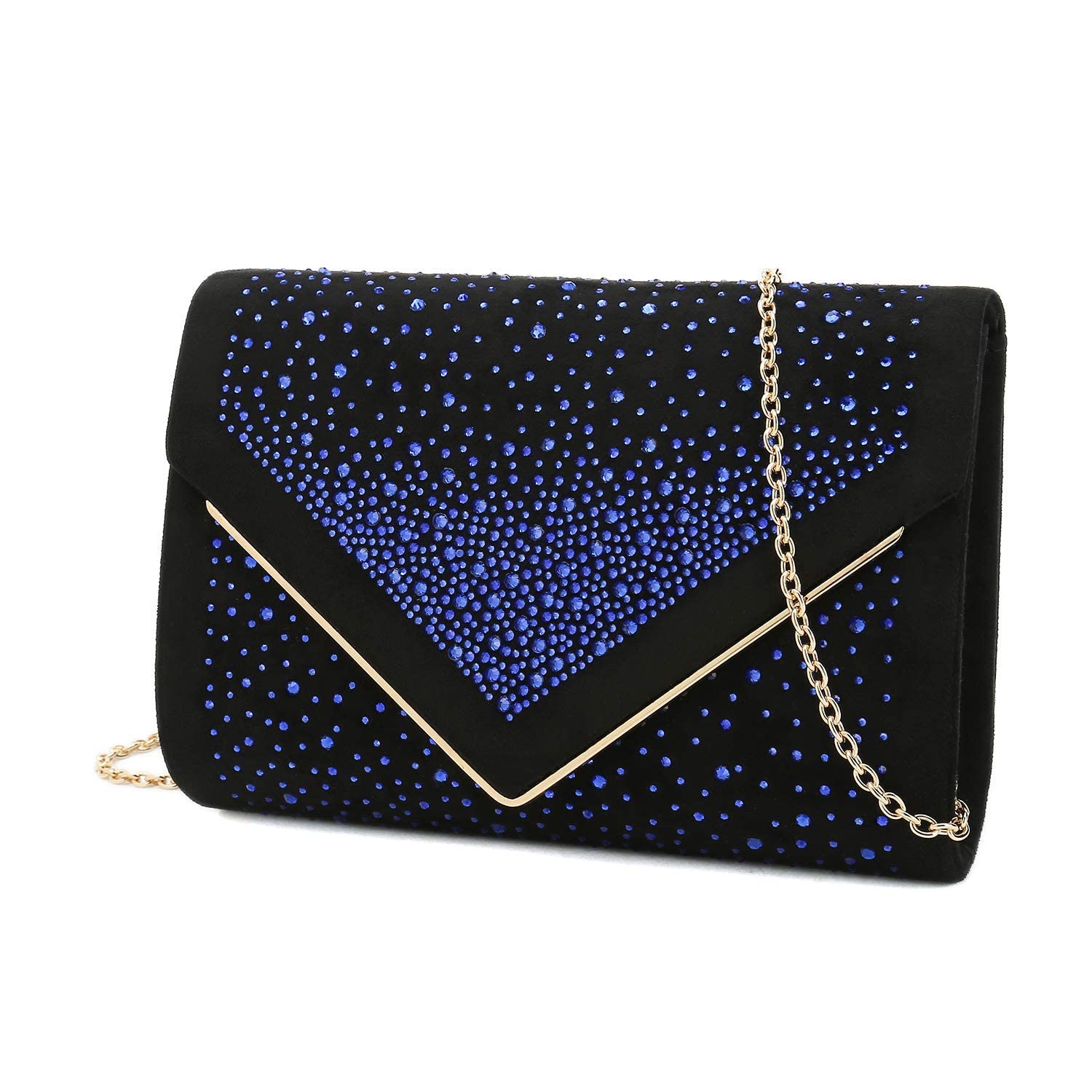 CHARMING TAILOR Envelope Purse Formal Faux Suede Clutch Rhinestone Evening Bag for Women Party Handbag (Black/blue)